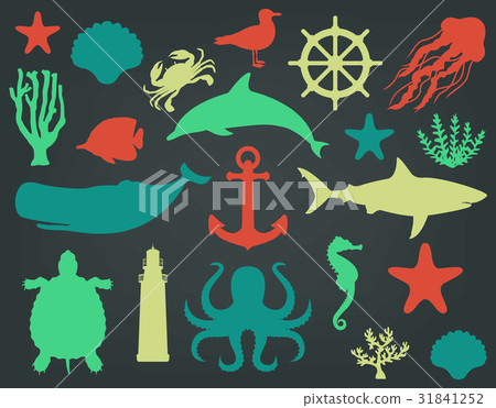 Sea icons and symbols set. Sea animals. Nautical - Stock Illustration ...