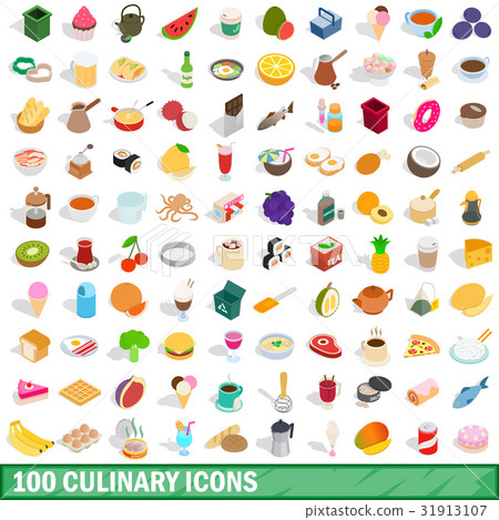 100 culinary icons set, isometric 3d style - Stock Illustration ...