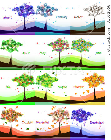 Calendar design with abstract tree on meadow - Stock Illustration ...