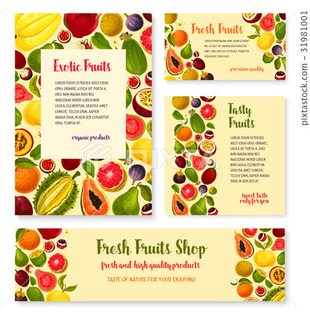 Vector templates set for exotic fresh fruits shop - Stock Illustration ...
