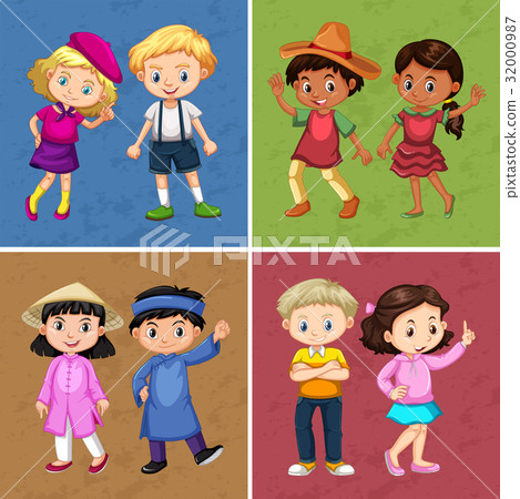 Four couple of kids in different costumes - Stock Illustration ...
