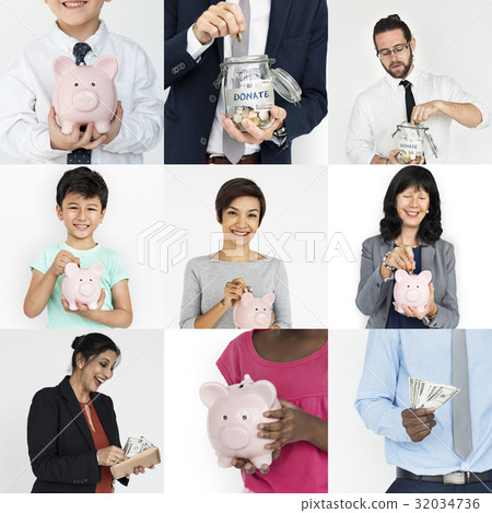 Set of Diversity People Saving Money by Piggy... - Stock Photo ...