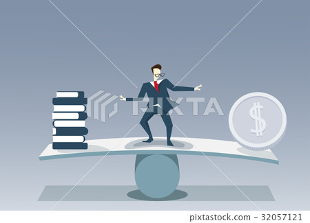 Businessman Balancing Between Books Stack And - Stock Illustration ...