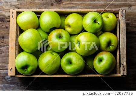 Box of fresh green apples. Harvest concept. Top - Stock Photo [32087739 ...