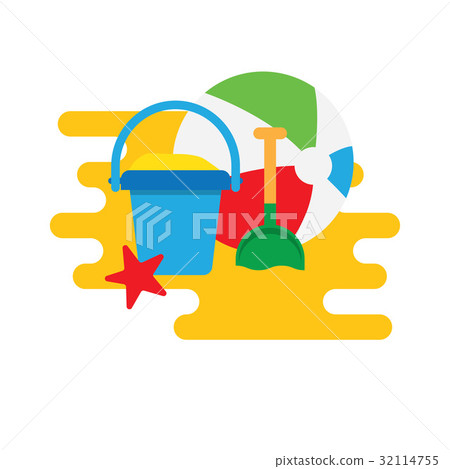 Beach ball bucket and spade with sand - Stock Illustration [32114755 ...