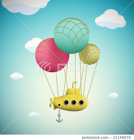 Submarine on the balloons flying in the sky - Stock Illustration ...