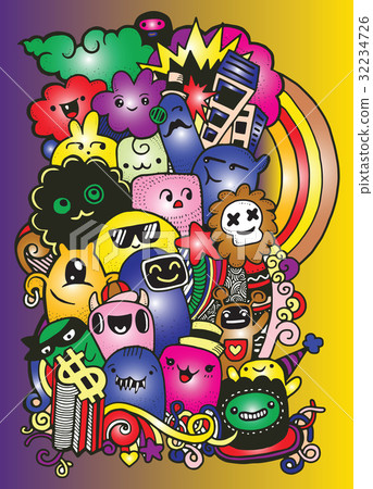 Hand drawn doodle Monster group,drawing style.Vect-插圖素材 [32234726 ...