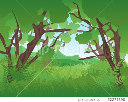 Cartoon Summer Green Forest Landscape Background-插圖素材 [32273898] - PIXTA圖庫