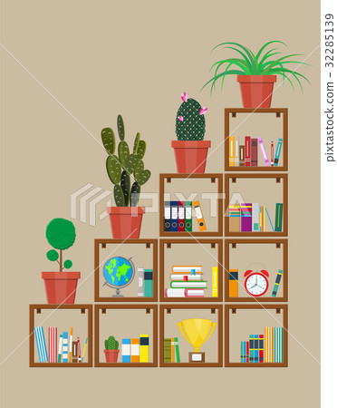 Library book shelf. Bookcase with different books. - Stock Illustration ...