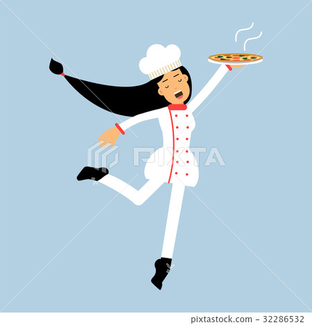 Female chef cook character in uniform jumping with - Stock Illustration ...