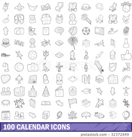 100 calendar icons set, outline style - Stock Illustration [32372849 ...