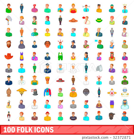 100 folk icons set, cartoon style-插圖素材 [32372871] - PIXTA圖庫