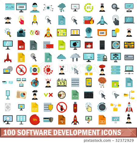 100 software development icons set, flat style - Stock Illustration ...