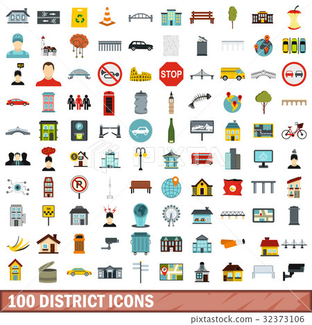 100 district icons set, flat style - Stock Illustration [32373106] - PIXTA