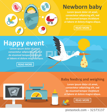 Newborn baby banner horizontal set, flat style - Stock Illustration ...