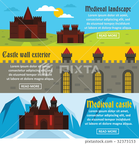 Medieval castle banner horizontal set, flat style - Stock Illustration ...