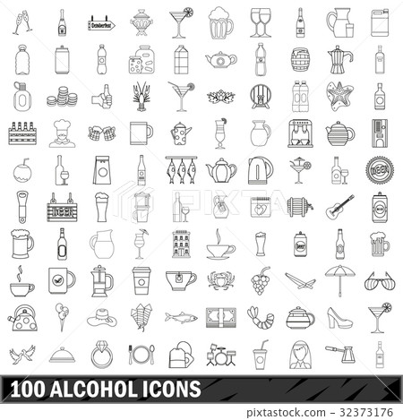 100 alcohol icons set, outline style - Stock Illustration [32373176 ...