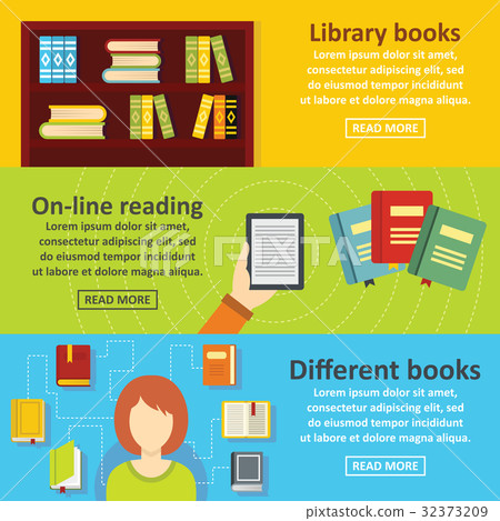 Books reading banner horizontal set, flat style - Stock Illustration ...