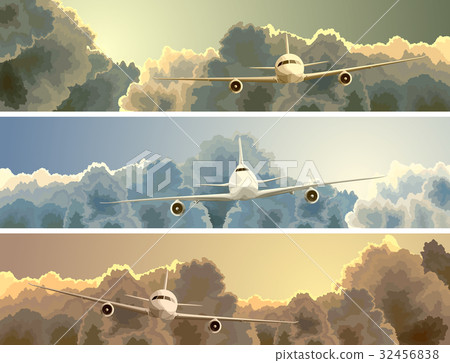 Horizontal banner of plane among clouds. - Stock Illustration [32456838 ...