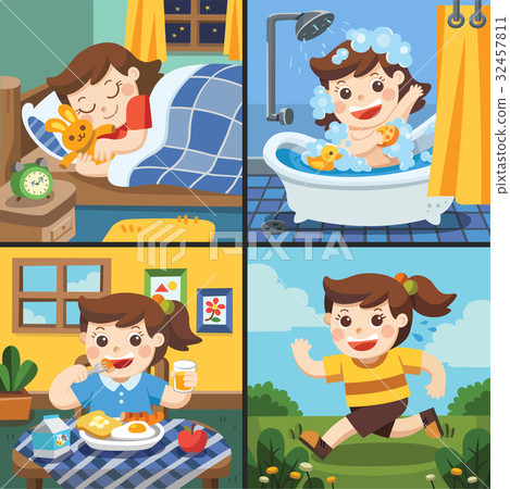 Illustration of The daily routine of a cute girl. - Stock Illustration ...