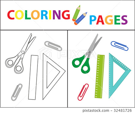 Coloring book page. Back to school set, scissors - Stock Illustration ...