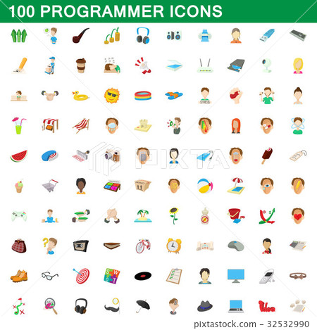 100 programmer icons set, cartoon style-插圖素材 [32532990] - PIXTA圖庫