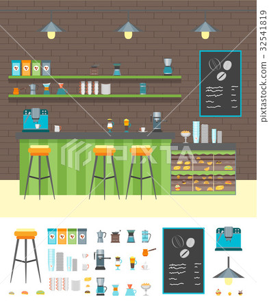 Cartoon Coffee Shop Design Interior and Element - Stock Illustration ...
