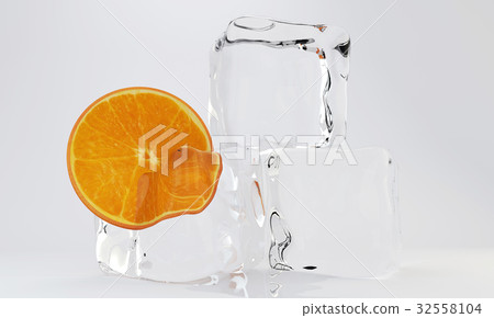 Slice orange frozen in ice cube. 3d rendering - Stock Illustration ...