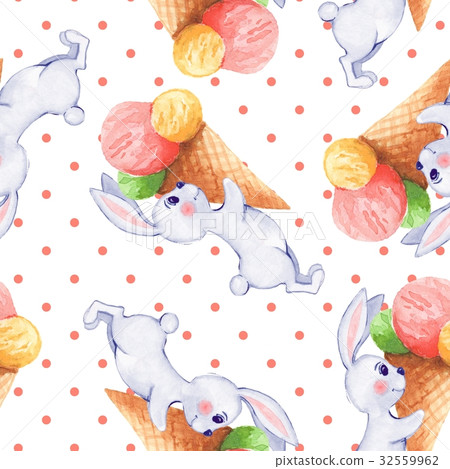 Seamless pattern with white rabbits and Ice Cream - Stock Illustration ...