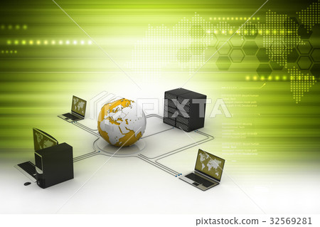 Globe around with laptop server and computer - Stock Illustration ...
