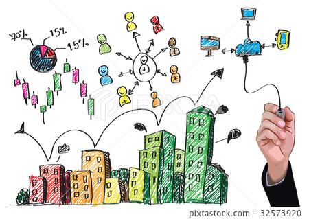 Hand drawing abstract building with network - Stock Illustration ...
