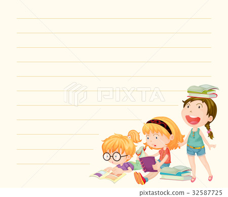 Line paper template with girls reading books - Stock Illustration ...