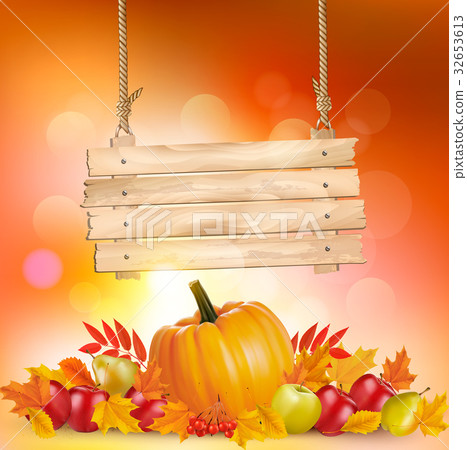 Autumn background with leaves and wooden sign. - Stock Illustration ...