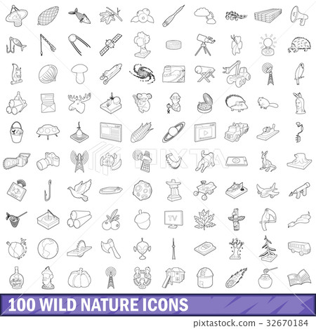 100 wild nature icons set, outline style - Stock Illustration [32670184 ...
