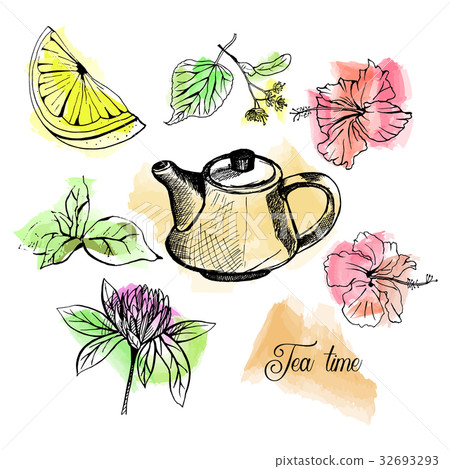 Vector set of hand drawn tea time collection. - Stock Illustration ...