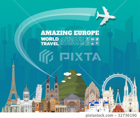 Europe famous Landmark paper art. Global Travel. - Stock Illustration ...