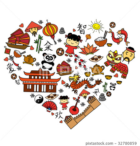 Chinese cartoon icon set in heart shape - Stock Illustration [32780859 ...