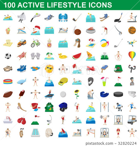 100 active lifestyle icons set, cartoon style - Stock Illustration ...