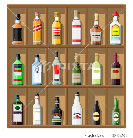 Alcohol drinks collection. Bottles on shelf - Stock Illustration ...