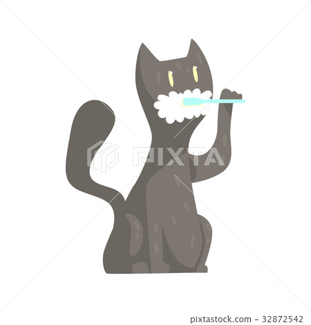 Cute cartoon grey cat brushing teeth with tooth - Stock Illustration ...