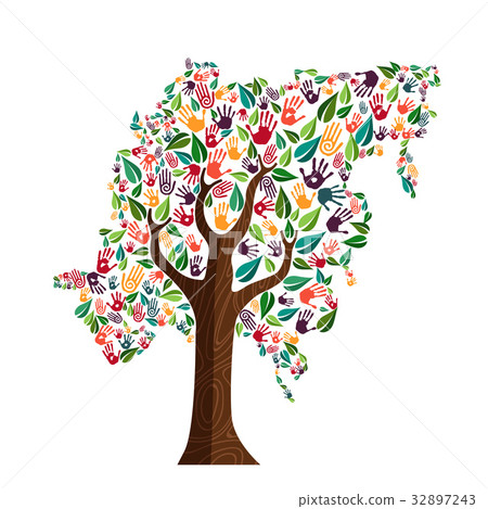 Asia hand print tree symbol for world help - Stock Illustration ...