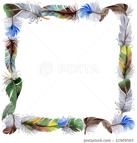 Watercolor bird feather frame from wing. - Stock Illustration [32909565 ...