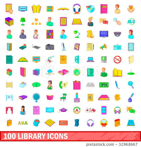 100 library icons set, cartoon style - Stock Illustration [32968667 ...