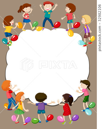 template with kids playing balloons in background - Stock Illustration ...