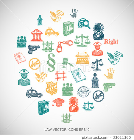 Multicolor doodles Hand Drawn Law Icons set on - Stock Illustration ...