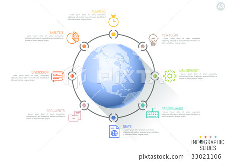 Eight pictograms and text boxes located around - Stock Illustration ...