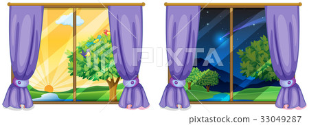Two window scenes day and night-插圖素材 [33049287] - PIXTA圖庫