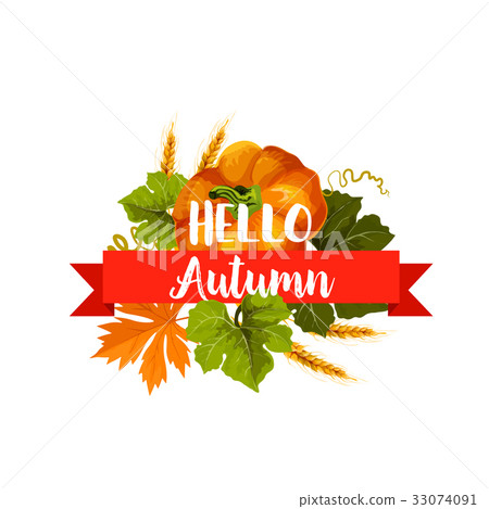 Hello Autumn icon with leaf and pumpkin vegetable - Stock Illustration ...
