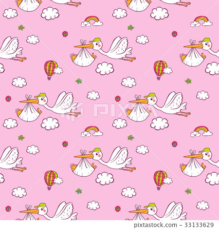 Seamless pattern with cute storks carrying the - Stock Illustration ...