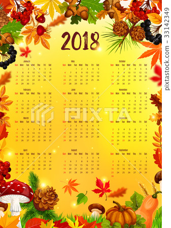 2018 Calendar template with autumn leaf frame - Stock Illustration ...